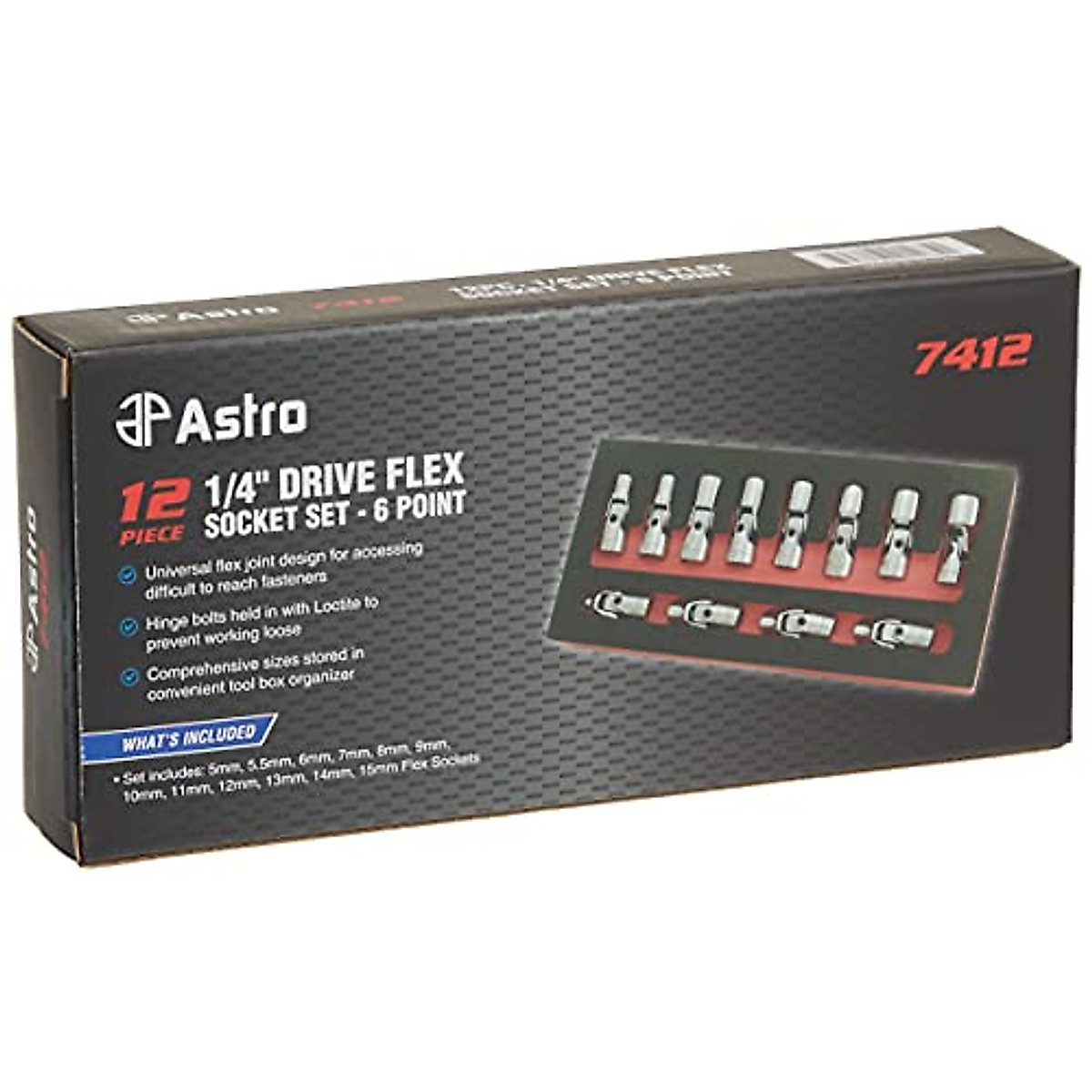 Astro Pneumatic Tool 7412 12-Piece 1/4" Drive Flex Socket Set - 6 Point - Metric