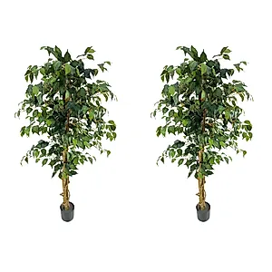 VIGGDA Artificial Ficus Trees 4ft（2pack） with Silk Leaves and Natural Trunk, Faux Ficus Tree with Sturdy Plastic Nursery Pot, Fake Ficus Tree for Office Home Farmhouse for Indoor Outdoor Decor