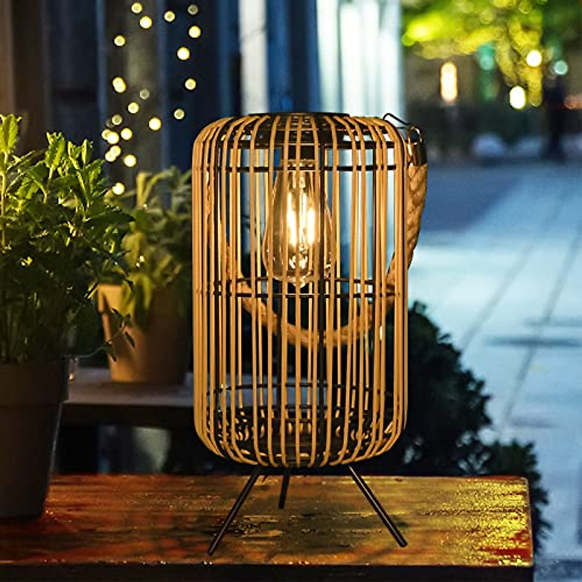 Livinlarge Solar Lantern Outdoor Waterproof, Large Solar Rattan Lantern Outdoor Hanging with Handle, Bright Solar Outdoor Lights with Edison Bulb for Garden Patio Yard Tabletop Decoration