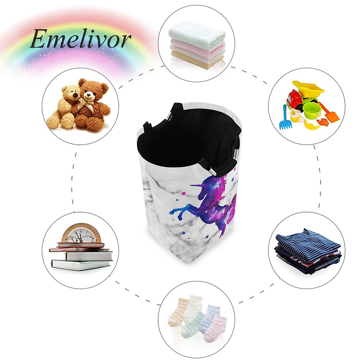 Emelivor Laundry Baskets with Handles - White Marble Galaxy Unicorn Large Laundry Hamper Collapsible Waterproof Laundry Storage Basket for Home Nursery