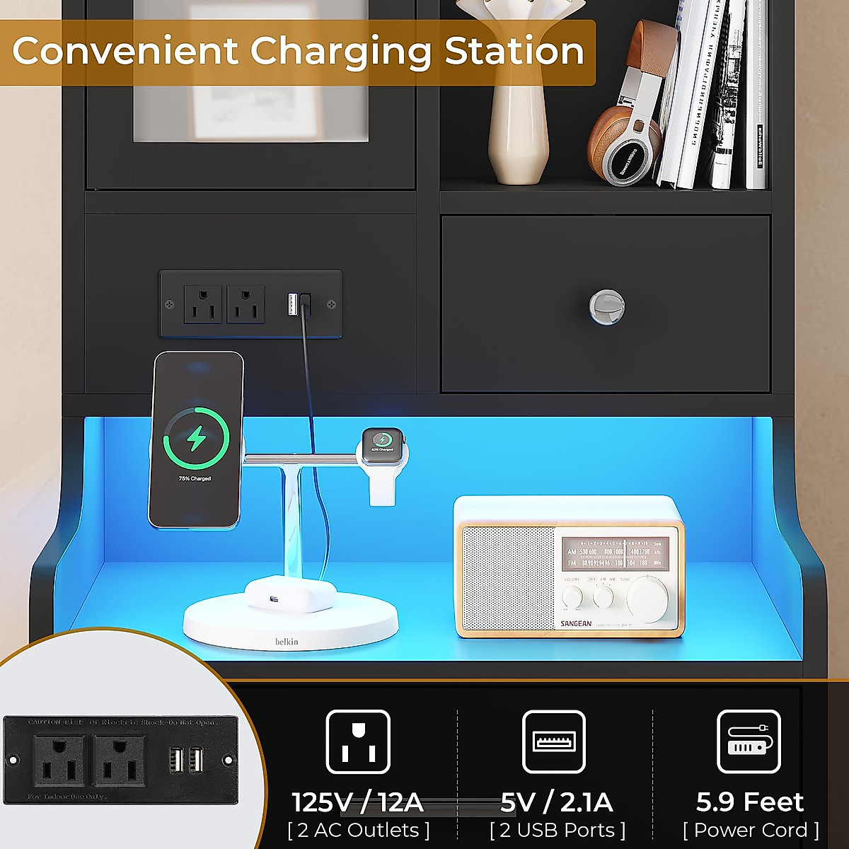 BTHFST Black Nightstand Set of 2, LED Night Stand Set 2 with Charging Station, Tall Bedside Table with Drawers & Shelves, End Side Table with Lights & Storage