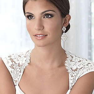 BriLove Wedding Bridal Simulated Pearl Earrings for Women Crystal Hollow Rhombus Chandelier Dangle Earrings Clear Silver-Tone Ivory Color