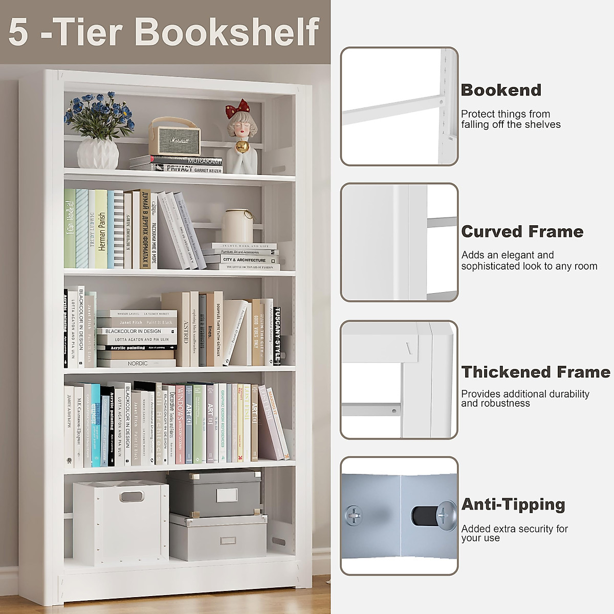 RpAosd Metal Bookshelf, 69" Heavy Duty Bookcase with 5 Adjustable Shelves, Open Shelf Bookcase, Free-Standing Library Bookshelf for Home Office, Library, Bedroom, Living Room (White)