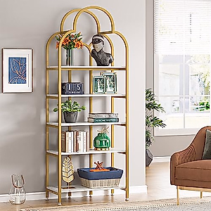 Tribesigns 5-Tier Gold Bookshelf Bookcase, Modern Bookcase with Open Storage Shelves, Tall Display Shelf Plant Flower Stand Rack for Bedroom Living Room Home Office, White & Gold