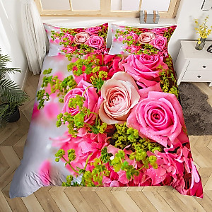 Feelyou Pink Roses Duvet Cover Set Queen Size Valentine's Day Bedding Set for Her Kids Teens Girls Lovers Couple Wife Rose Flowers Room Decor Valentines Floral Comforter Cover with 2 Pillow Shams