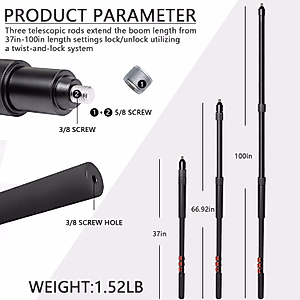 Portable Handheld Boom Pole for Shotgun Mic, 3-Section Extendable Microphone Arm for Filming with 3/8" and 5/8" Threads, 3ft to 8.3ft Adjustable Length