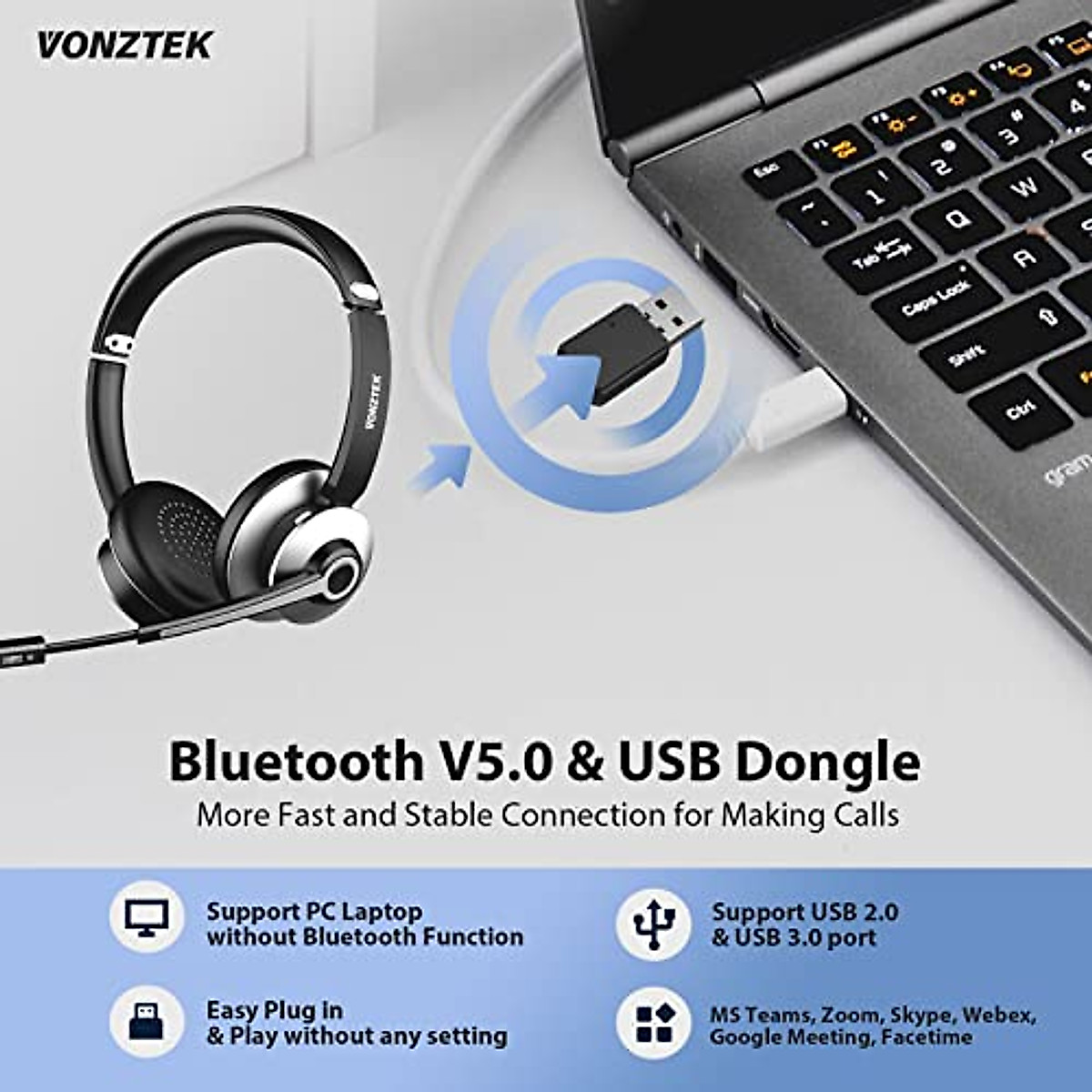 Bluetooth Headset with Microphone, Wireless Headphones with Noise Cancelling Mic, On Ear Headphones with USB Audio Dongle for PC, Handsfree 26 Hrs/Dual Connect/Mute Button, for Skype|Zoom|MS Teams
