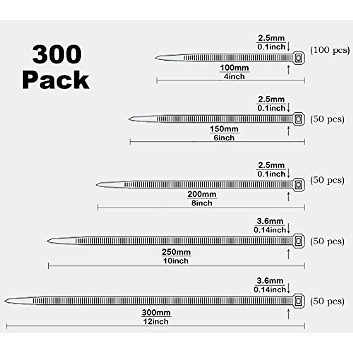 Oksdown 300pcs White Zip Ties Assorted Sizes 4/6/8/10/12 Inch Clear Plastic cable ties from Small to Large Heavy Duty Nylon tie Wraps Multi-Purpose Variety Wire Ties