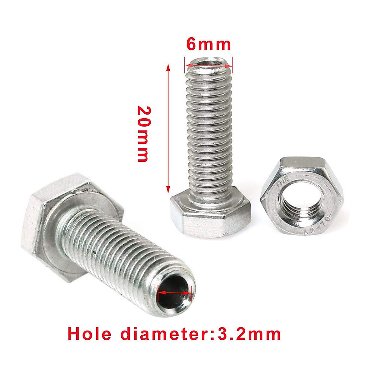 PZRT 2pcs Cylindrical Hollow External Hexagon Screw 304 Stainless Steel Lamp Threading Screws Through Hole Bolt M6x20
