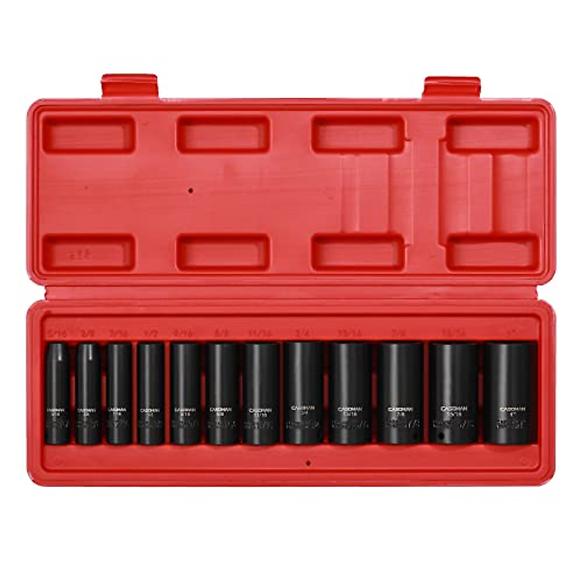 CASOMAN 12 Pieces 3/8-Inch Drive Impact Socket Set, 6-Point, SAE, Deep, CR-V, 5/16" to 1", Heavy Duty Blow Molded Storage Case