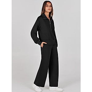 ANRABESS Womens Two Piece Outfits 2024 Fall Sweatsuit Set Half Zip Cropped Sweatshirt Wide Leg Sweatpant Lounge Set Black Medium