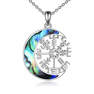 URONE Viking Compass Necklace Sterling Silver Abalone Shell Moon Compass Jewelry for Women Men Norse Vegvisir Pendant Gifts for Nordic Pagan