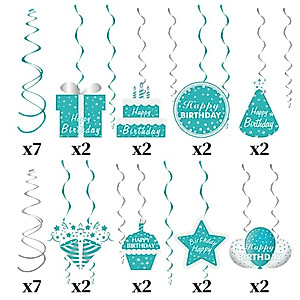 Teal Silver Birthday Decorations Hanging Swirls Party Supplies, 30Pcs Breakfast Blue Happy Birthday Foil Swirls for Girls Women, 16th 21st 30th 40th 50th 60th Bday Ceiling Swirls Sign