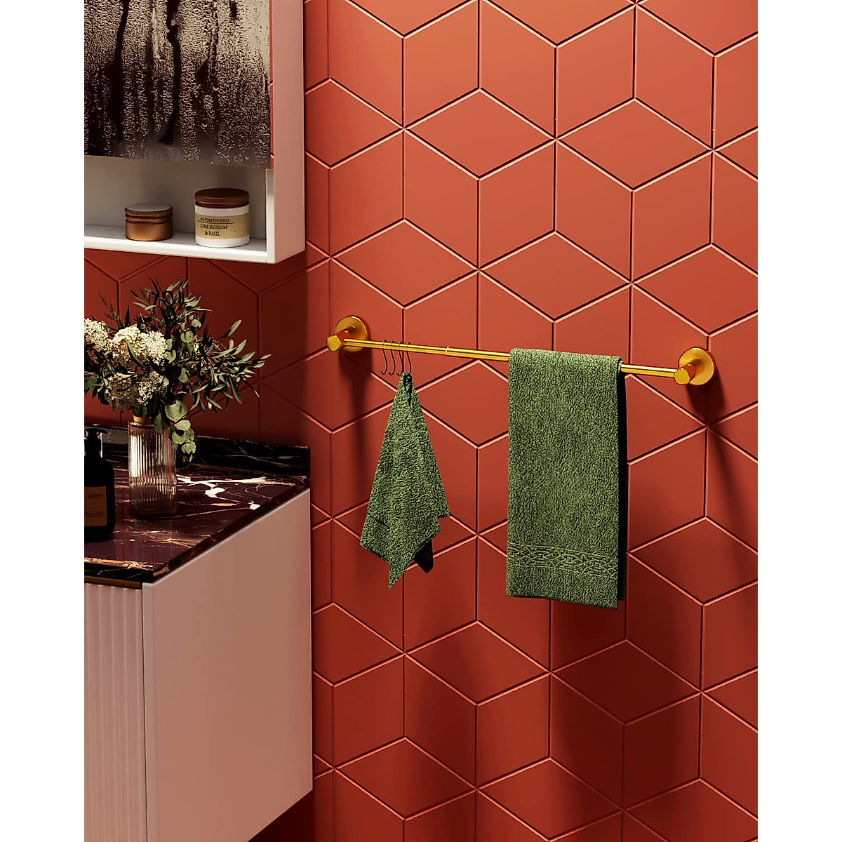 2 Pack Adjustable 16 to 27.6 Inch Single Gold Towel Bar, iMomwee SUS304 Stainless Steel Bath Towel Holder, Wall Mounted Towel Rail for Bathroom Kitchen Washroom, 1" Diameter Towel Rod with S Hooks