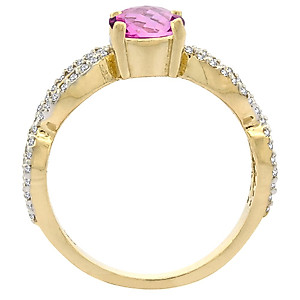 PIERA 10K Yellow Gold Natural Pink Topaz Ring Round 6mm Infinity Diamond Accents, size 6