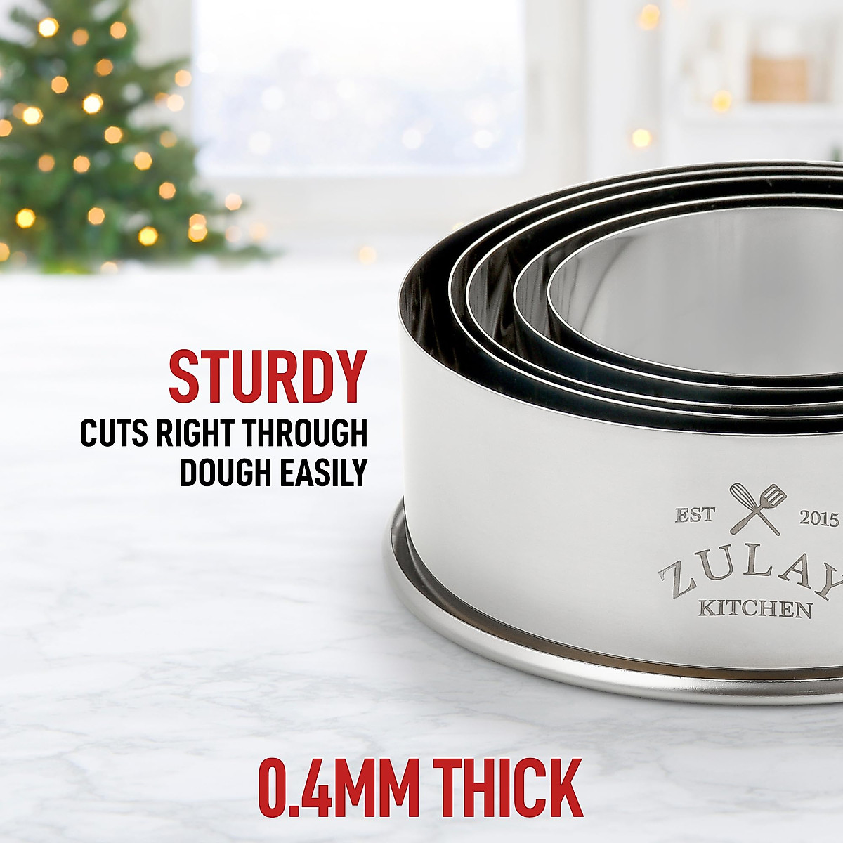 Zulay (5-Pieces) Round Cookie Cutters - Stainless Steel Rustproof Circle Biscuit Cutter Molds - Assorted Round Cookie Cutters With Rolled Top Edges For Dough & Pastries