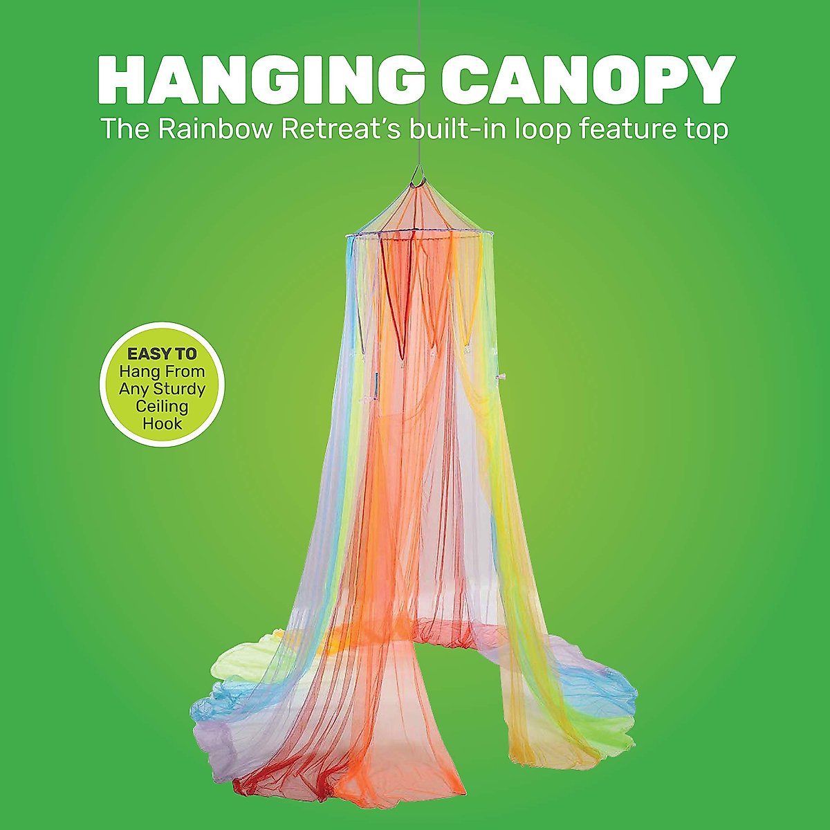 Constructive Playthings Rainbow Retreat Kids Canopy,Decorative, Fun Space Hanging Bed Canopy for Bedrooms, Optimize Classroom Space or Play Space, Mesh Netting, Built In Loop, Easy Assembly, All Ages