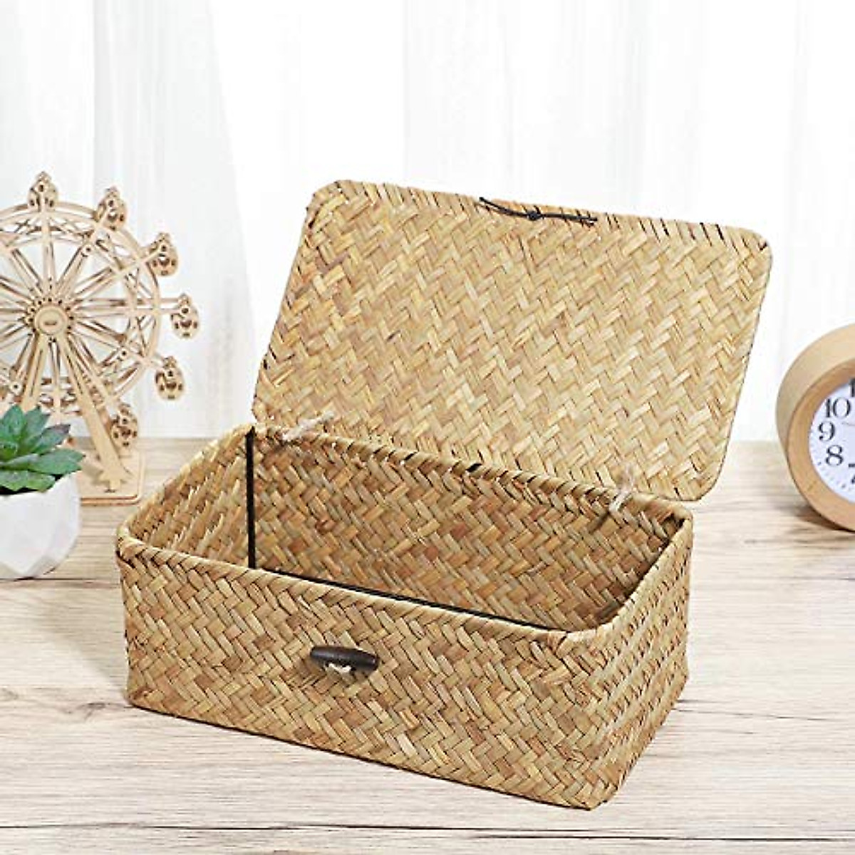 Hausdec Seagrass Hand Woven Storage Box Storage Box Storage Basket Makeup Organizer Multipurpose Container with Lid