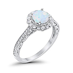 Blue Apple Co. Art Deco Filigree Halo Wedding Engagement Bridal Ring Solid Round Created White Opal 925 Sterling Silver, Size-8