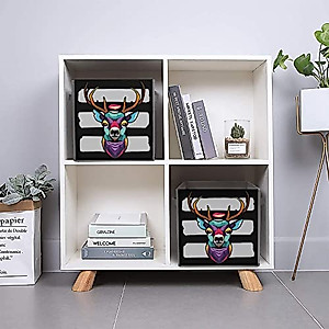 Colorful Geometric Reindeer Head Collapsible Storage Bins Basics Folding Fabric Storage Cubes Organizer Boxes with Handles