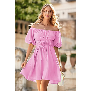PRETTYGARDEN Women's Off The Shoulder Babydoll Dress Short Puff Sleeve Casual A Line Ruffle Summer Dresses (Solid Pink,X-Large)