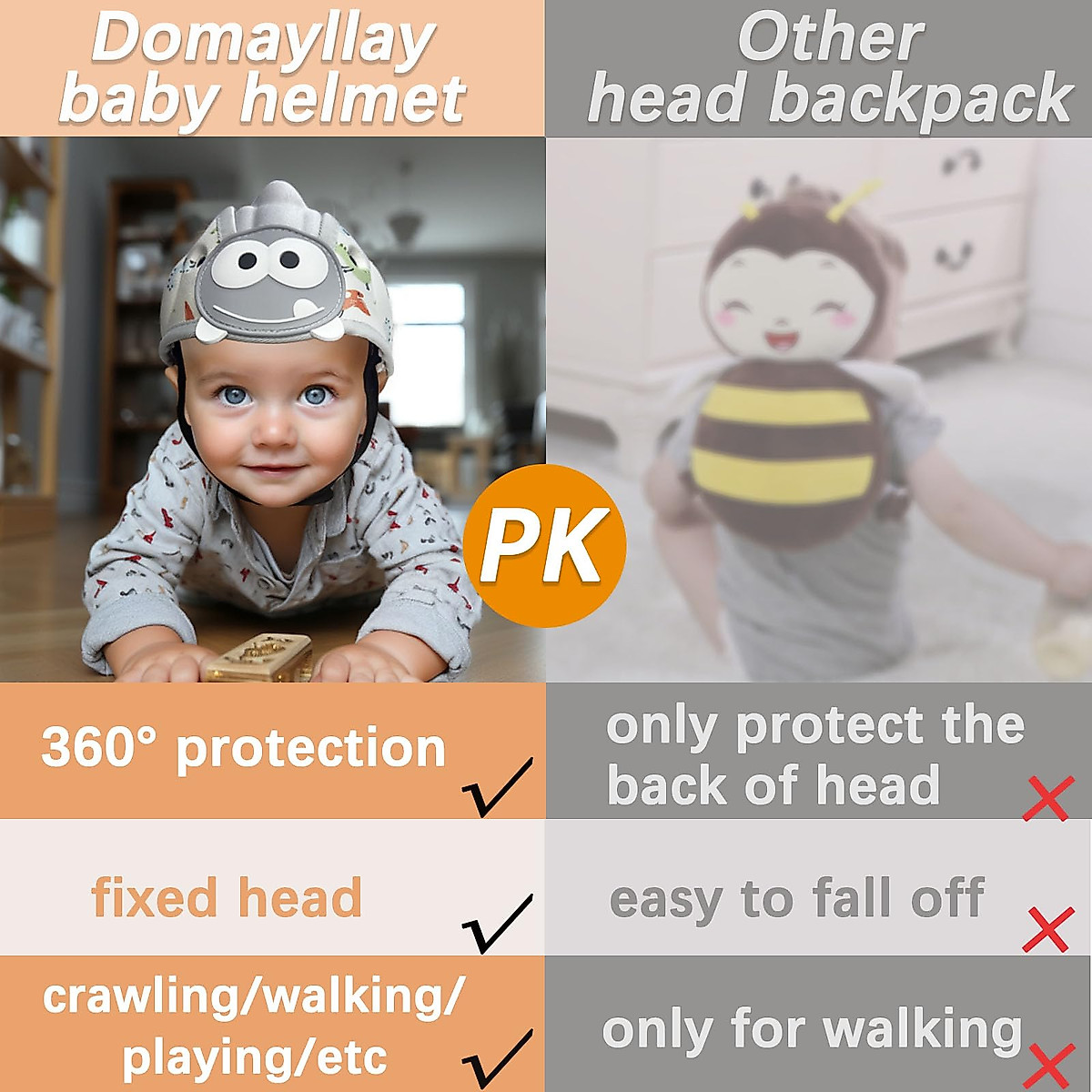 Domayllay Baby Helmet for Crawing Walking,Soft Infant Safety Helmet,Baby Helmet 1-2 Years for Anti-Fall Head Protector,Adjustable, Expandable and Breathable Toddler Walking Helmet,Grey/Purple Pink