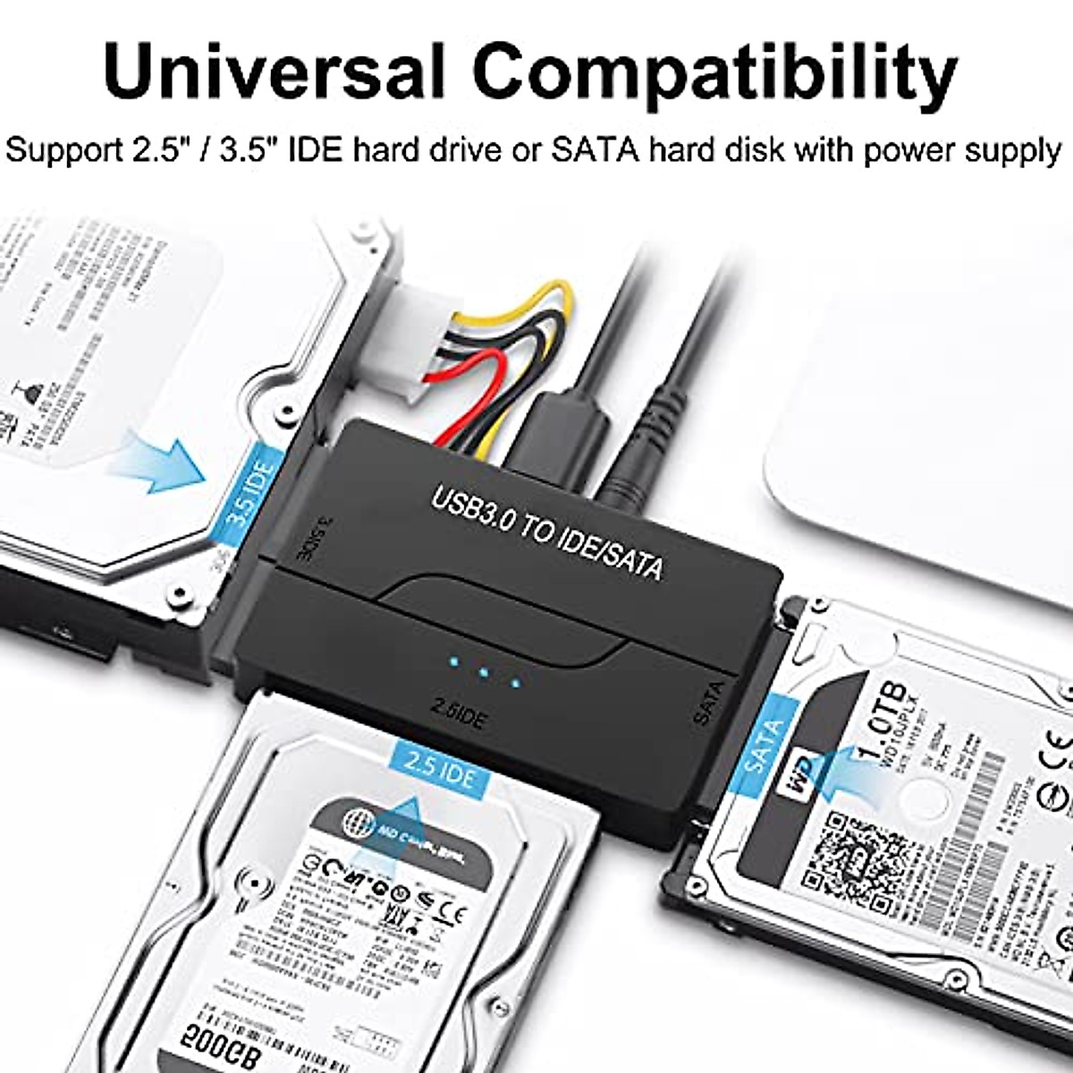 ULXUUUN SATA/IDE to USB 3.0 Adapter, External Hard Drive Reader for Universal 2.5/3.5 Inch IDE and SATA HDD SSD, 5.25" CD/DVD Drives, Hard Drive Converter with Power Adapter Support 6TB