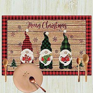 Red and Green Buffalo Plaid Santa Claus, Truck, Snowman Merry Christmas Placemats Set of 6, 12x18 Inch Winter Table Mats for Party Kitchen Dining Decoration (A)