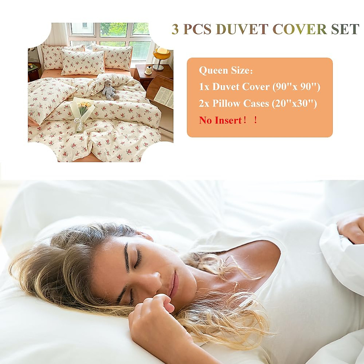 CinYana 100% Cotton Floral Duvet Cover Set 3 PCS Chic Garden Bedding Set Queen Mini Floral Duvet Cover Reversible Floral Comforter Cover Soft Breathable for All Seasons (Beige,Queen)