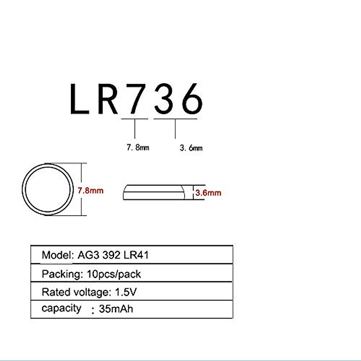 Cotchear 10pcs AG3 LR41 Battery 392 384 192 SR41SW CX41 L736 Batteries L736f Battry 1.5V LR41 Button Batteries for Watch Toys Clock