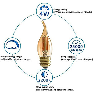 PANLAVIE LED Filament Chandelier Bulb 4W, Vintage Classic Edison Style, E26 Standard Base Amber Glass Light Bulbs, Gold Tint Flame Tip, 40W Equivalent, Ultra Warm White 2200K, Pack of 6