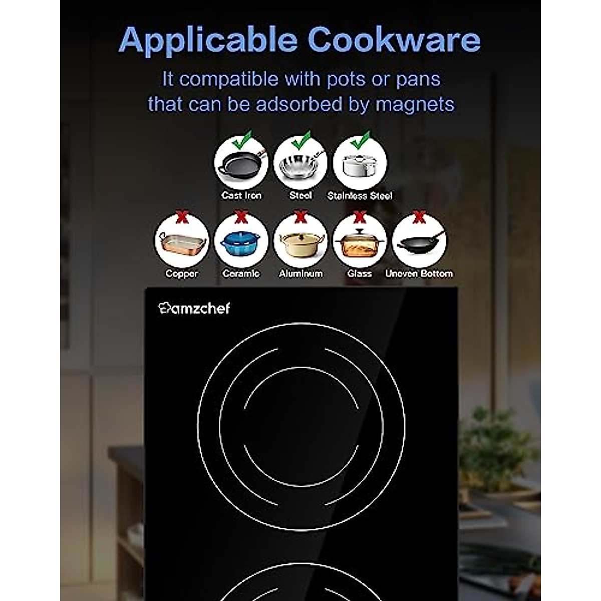 AMZCHEF Electric Induction Cooktop 2 Burners,12" Electric Stove Top with Plug 1800W, 120V, 9 Power Levels, Child lock, Timer, Touch Control, Induction Stove for Fast Cooking, Bulit-in&Countertop