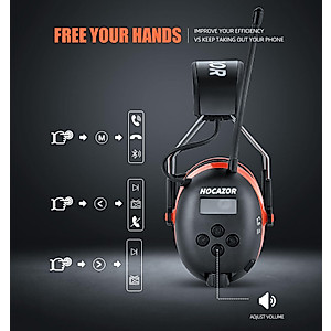 Hocazor HP033 Bluetooth 5.3 Hearing Protection AM FM Radio Headphones, 25dB NRR Noise Reduction Safety Earmuffs with 2000mAh Rechargeable Battery for Mowing Workshops, Orange