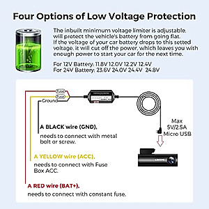 AZDOME Micro USB Port 3-Lead Acc Hardwire Kit for M300S Dash Cam, 12ft with Fuse Kit, for Dash Camera 24H Parking Monitor Mode, Converts 12V-24V to Output 5V/2.5A Max JYX04