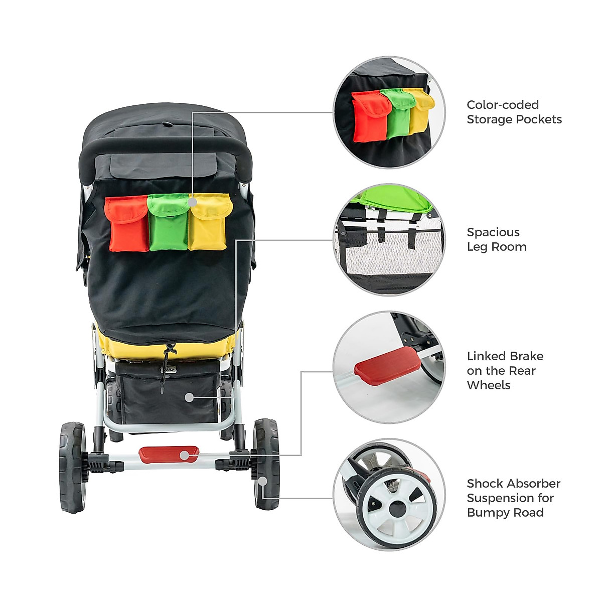 Familidoo H3E 3 Seat Baby Stroller - Tandem Daycare Triple Stroller with 5 Point Safety Harness - for Infants & Toddlers 0-3 Years - Lightweight & Foldable - All Reclining Seats