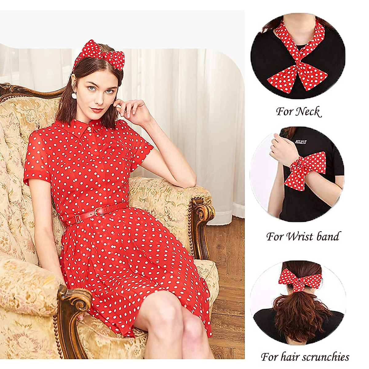 AHONEY 4 Pack Bandanas For Women, Wire Headband Retro Bowknot Polka Dot Wire Hair Holders Red Hairband, 4 Pieces