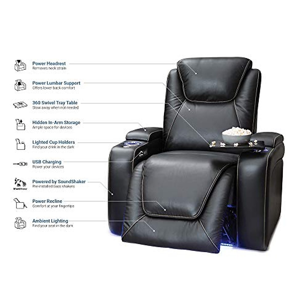 Seatcraft Equinox - Home Theater Seating - Top Grain Leather - Power Recline - Powered Headrest and Lumbar Support - Arm Storage - USB Charging - Cup Holders - Single Recliner, Black