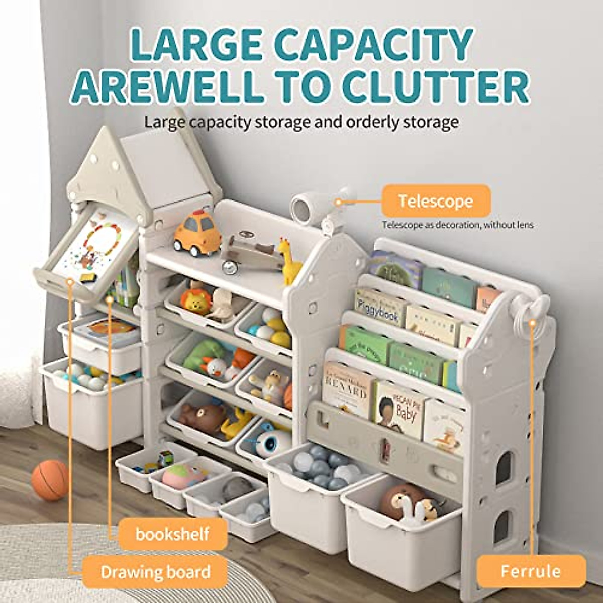 UNICOO - Kids Toy Storage Organizer and Children Bookshelf, with 14 Bins, Pull-Out Drawers Multipurpose Shelf for Toddlers to Organize Toys and Books (Magic Castle – White)
