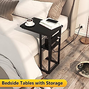 C Table End Table with Charging Station, 2 Tier C Shaped Side Table Bedside Tables with Power Outlets & USB Ports for Living Room Bedroom, C Shaped Sofa Couch Snack Tables for Small Space, Black