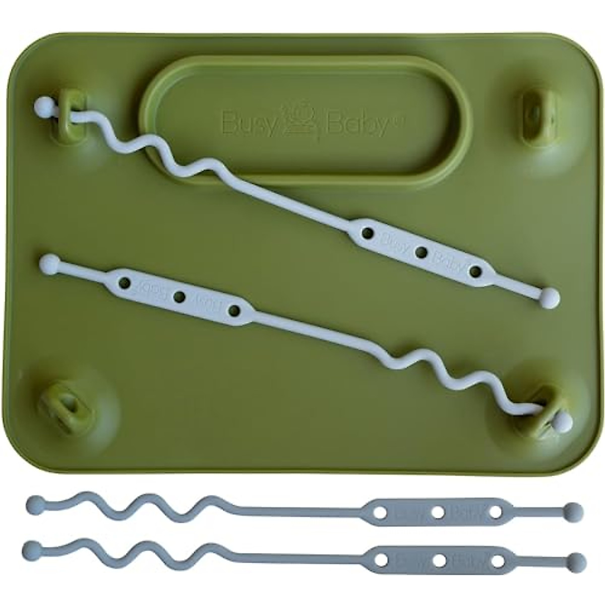 BUSY BABY Silicone Mat - Suction Cups, 4 Straps to Secure Baby Essentials, Self Feeding, Baby Led Weaning, Travel Sleeve Included (Olive)