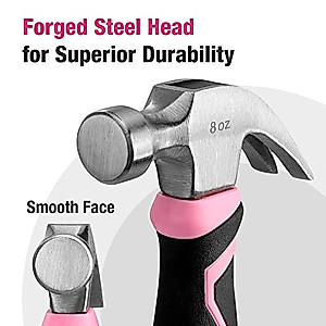 WORKPRO 8 oz Claw Hammer with Fiberglass Handle, All Purpose Hammer with Forged Hardened Steel Head, Smooth Face & Shock Reduction Grip, Pink