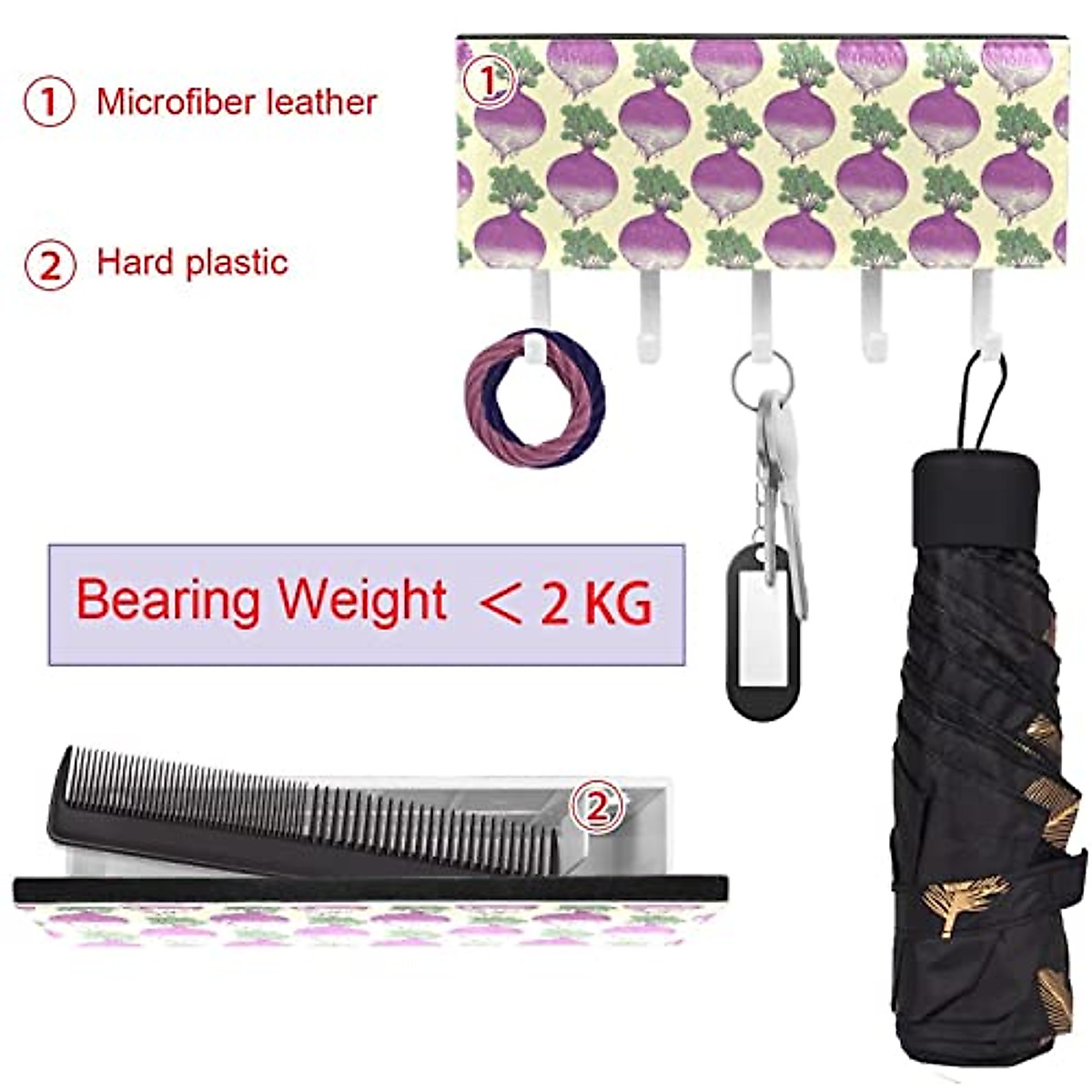 Leather Hook Rack Rail Wall Mounted, Rutabaga Vegetable Pattern Coat and Hat Self Adhesive Hooks up for Hanging Pant Towel Key Purse Kitchenware