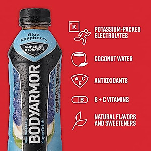 BODYARMOR Sports Drink Sports Beverage, Blue Raspberry, Coconut Water Hydration, Natural Flavors With Vitamins, Potassium-Packed Electrolytes, Perfect For Athletes, 16 Fl Oz (Pack of 12)