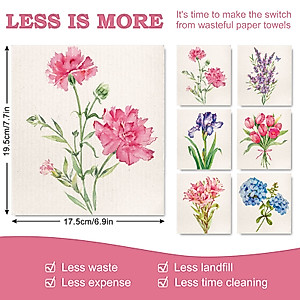 Whaline Flowers Swedish Kitchen Dishcloth Watercolor Floral Cotton Kitchen Towel 6 Design Flower Absorbent Dishcloth for Party Home Housewarming Cleaning Counter Wipes, 7 x 8 Inch