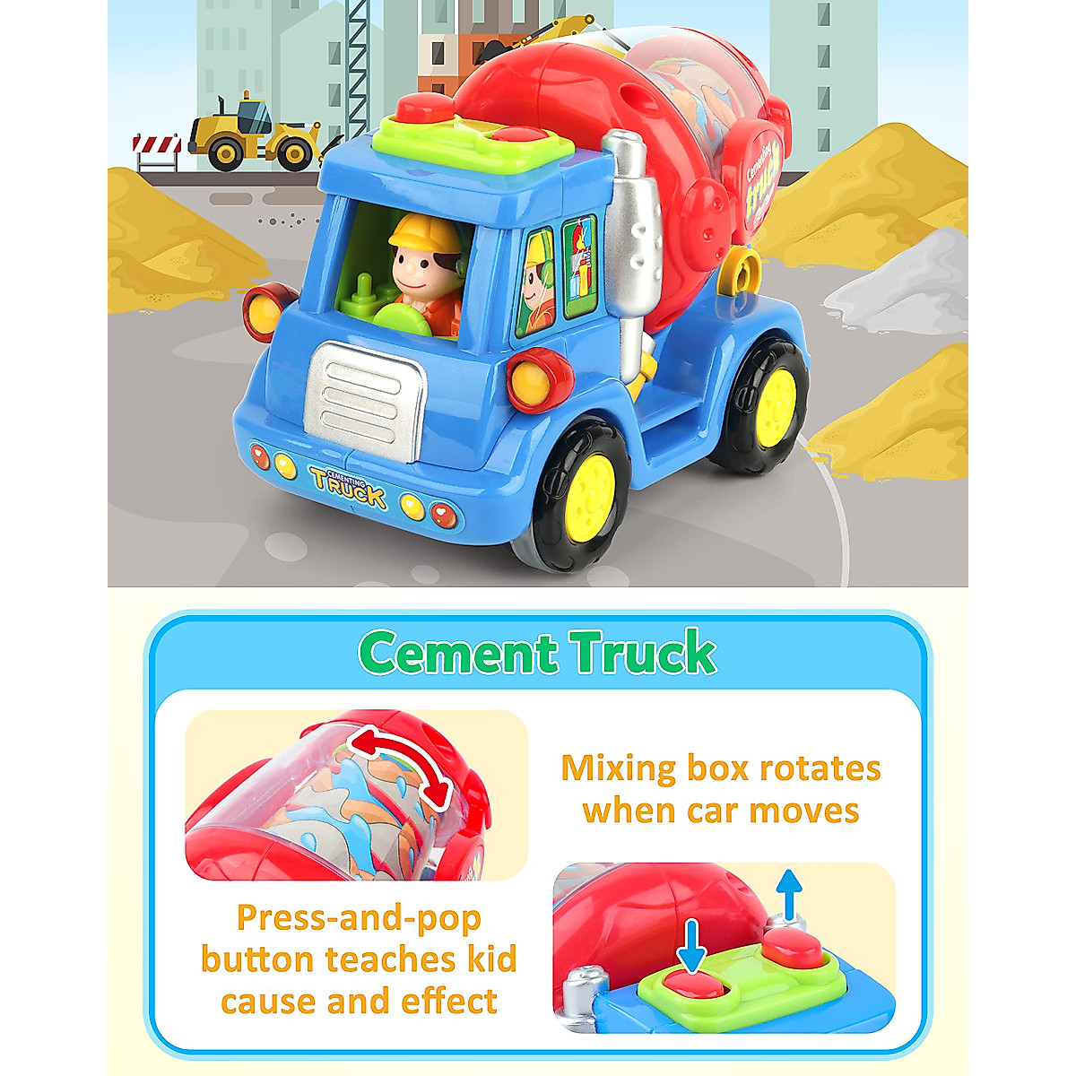 Coogam Friction Powered Cars 3 Pack Construction Vehicles Toys Set of Harvester,Sweeper,Cement Mixer Trucks for Year Old Kids Gifts