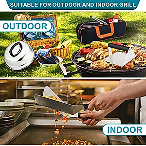 Leonyo Griddle Accessories Set of 25, Heavy Duty Stainless Steel Grill Griddle Metal Spatulas for Cast Iron Flat Top Teppanyaki Hibachi Cooking, Burger Press, 2 Melting Domes, BBQ Fork, 2 Carry Bags