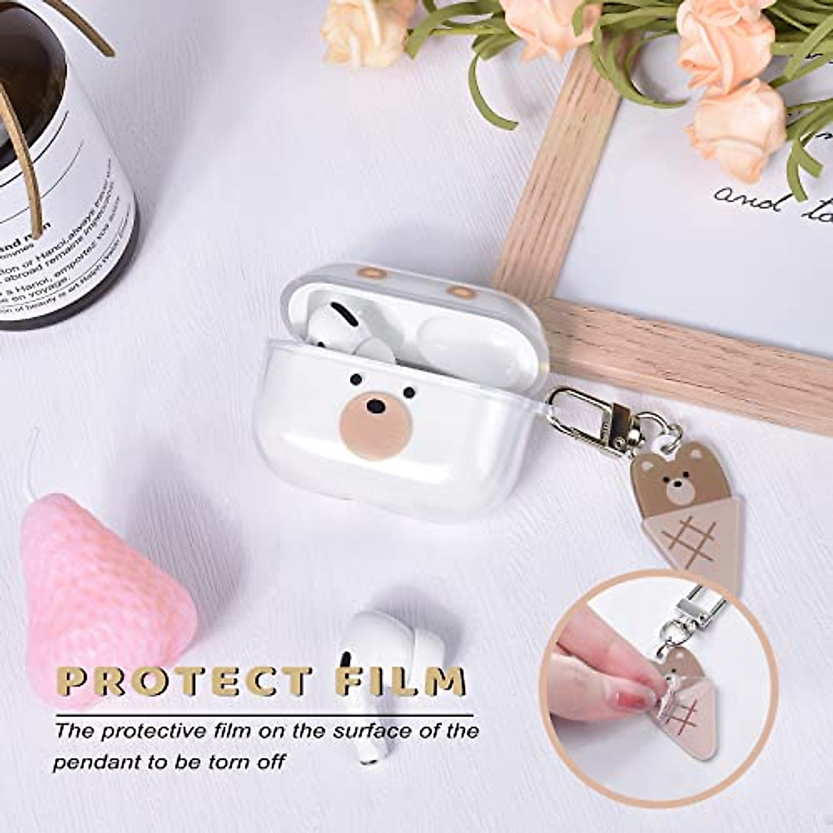 Newseego Case Compatible with Airpods Pro, Cute Bear Cartoon Design Airpods Pro Case for Girls and Women [Front LED Visible] Clear Soft TPU Protective Cover Case for Airpods Pro