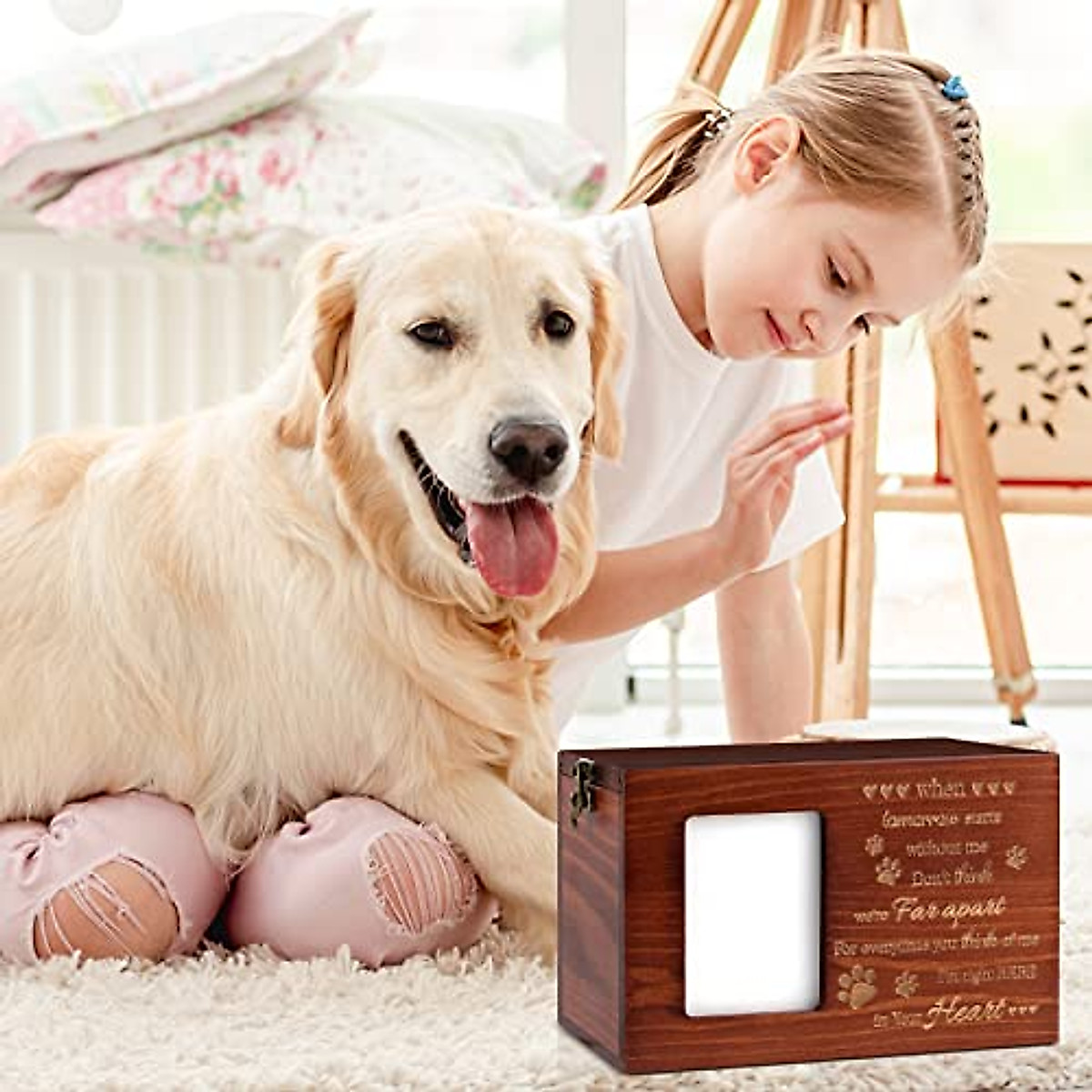 Cumule Pet Urns for Dog or Cat Ashes, Wooden Pet Cremation Urns with Photo Frame, Pet Memorial Keepsake Cat or Dog Memory Box with Black Flannel as Lining, Loss Pet Sympathy Remembrance Gift