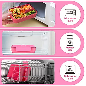 Jelife Kids Lunch Bento Box, Large Bento-Style Leakproof Lunch Boxes 4 Compartments Girls Snack Lunch Containers with Tableware for Back to School, Reusable On-the-Go Meal and Snack Packing, Pink