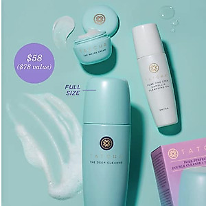 TATCHA Pore-Perfecting Double Cleanser + Hydrate Trio Set: The Deep Cleanse 5 oz, Pure One Step Camellia Cleansing Oil 1.7 oz & The Water Cream 0.33 oz